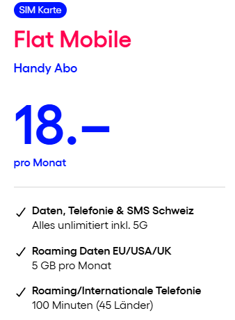 Forfait mobile Flat Handy (Suisse tout illimité, 5 Go en roaming UE/USA ...